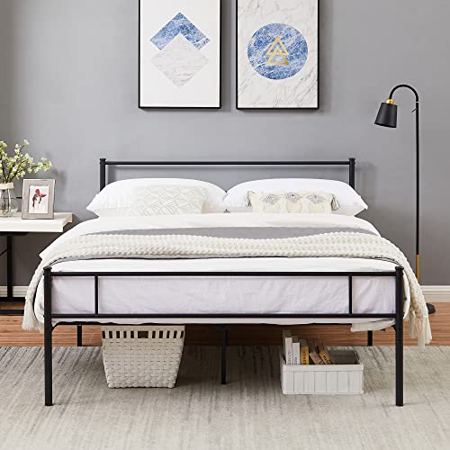 VECELO Queen Size Metal Bed Frame with Headboard and Footboard, 12'' Under-Bed Storage & Strong Slats Support, No Box Spring Needed