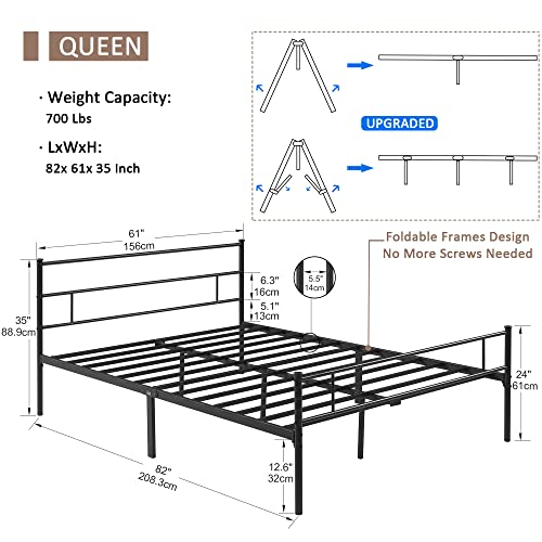 VECELO Queen Size Metal Bed Frame with Headboard and Footboard, 12'' Under-Bed Storage & Strong Slats Support, No Box Spring Needed