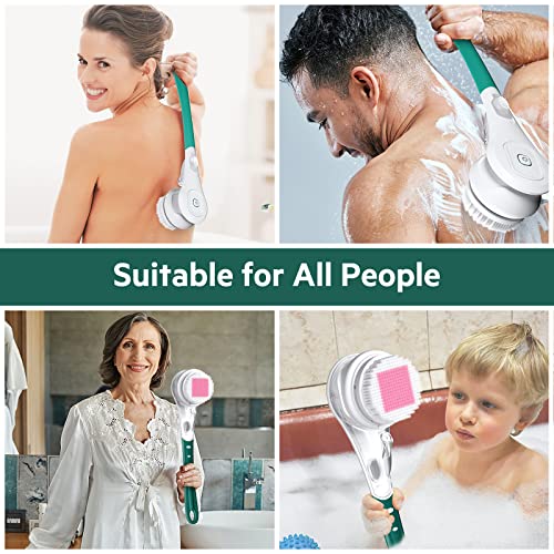 Electric Body Brush, Number-one Body Scrubber with 6 Brush Heads Long Handle Bath Shower Brush Massage Body Brush Kit, IPX7 Waterproof 3 Speed Spin Cleaning Brush Back Brush for Face & Body Men Women