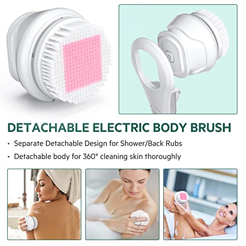 Electric Body Brush, Number-one Body Scrubber with 6 Brush Heads Long Handle Bath Shower Brush Massage Body Brush Kit, IPX7 Waterproof 3 Speed Spin Cleaning Brush Back Brush for Face & Body Men Women