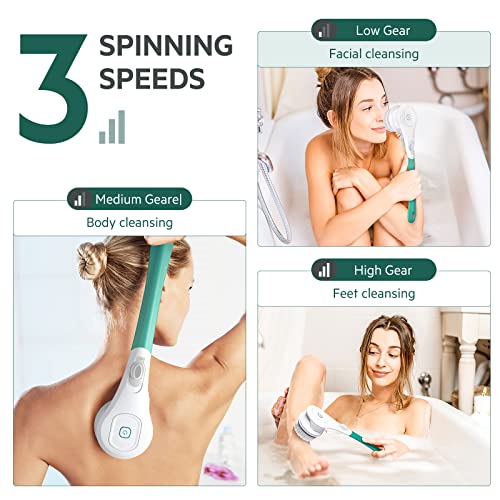 Electric Body Brush, Number-one Body Scrubber with 6 Brush Heads Long Handle Bath Shower Brush Massage Body Brush Kit, IPX7 Waterproof 3 Speed Spin Cleaning Brush Back Brush for Face & Body Men Women