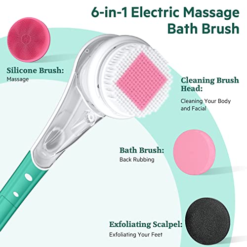 Electric Body Brush, Number-one Body Scrubber with 6 Brush Heads Long Handle Bath Shower Brush Massage Body Brush Kit, IPX7 Waterproof 3 Speed Spin Cleaning Brush Back Brush for Face & Body Men Women