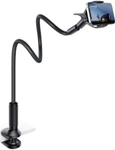 lamicall gooseneck phone holder for bed - overall length 38.6in, flexible leather wrapped arm, 360 adjustable clamp clip, overhead cell phone mount stand for desk, compatible with all cellphone (4-7”)