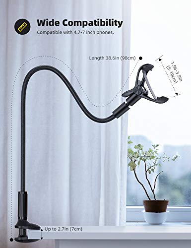 Lamicall Gooseneck Phone Holder for Bed - Overall Length 38.6in, Flexible Leather Wrapped Arm, 360 Adjustable Clamp Clip, Overhead Cell Phone Mount Stand for Desk, Compatible with All Cellphone (4-7”)