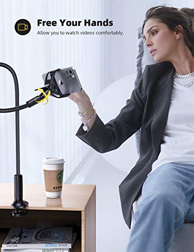 Lamicall Gooseneck Phone Holder for Bed - Overall Length 38.6in, Flexible Leather Wrapped Arm, 360 Adjustable Clamp Clip, Overhead Cell Phone Mount Stand for Desk, Compatible with All Cellphone (4-7”)