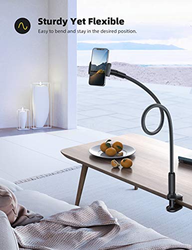 Lamicall Gooseneck Phone Holder for Bed - Overall Length 38.6in, Flexible Leather Wrapped Arm, 360 Adjustable Clamp Clip, Overhead Cell Phone Mount Stand for Desk, Compatible with All Cellphone (4-7”)