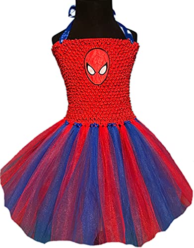 Marvel Spiderman Peter Parker Miles Morales Spider-verse Red Bodice Lined Tutu Dress Party Costume Kids Girls Baby Toddler - Ships fast and free! (Spider-man Face, Blue and Red, Medium 3T - 5Y)