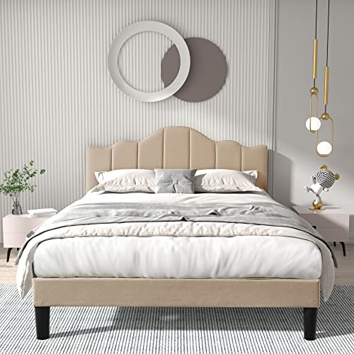 VECELO Full Upholstered Platform Bed Frame,Mattress Foundation with Height Adjustable Tufted Headboard,Strong Wood Slat Support, No Box Spring Needed,Champagne Beige