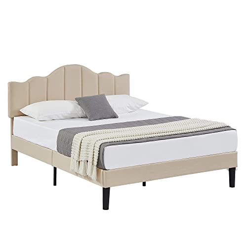 VECELO Full Upholstered Platform Bed Frame,Mattress Foundation with Height Adjustable Tufted Headboard,Strong Wood Slat Support, No Box Spring Needed,Champagne Beige