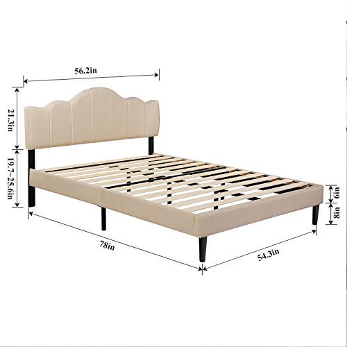 VECELO Full Upholstered Platform Bed Frame,Mattress Foundation with Height Adjustable Tufted Headboard,Strong Wood Slat Support, No Box Spring Needed,Champagne Beige