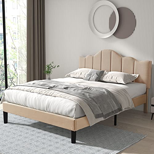 VECELO Full Upholstered Platform Bed Frame,Mattress Foundation with Height Adjustable Tufted Headboard,Strong Wood Slat Support, No Box Spring Needed,Champagne Beige