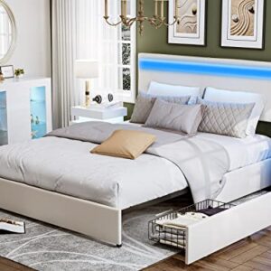 IKIFLY LED Bed Frame with 4 Storage Drawers, Upholstered Queen Size Storage Bed with Adjustable Headboard & LED Lights, Mattress Foundation, No Box Spring Needed, Easy Assembly - White/Queen