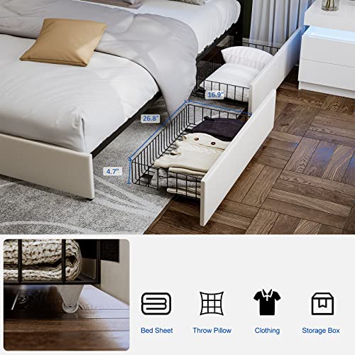 IKIFLY LED Bed Frame with 4 Storage Drawers, Upholstered Queen Size Storage Bed with Adjustable Headboard & LED Lights, Mattress Foundation, No Box Spring Needed, Easy Assembly - White/Queen