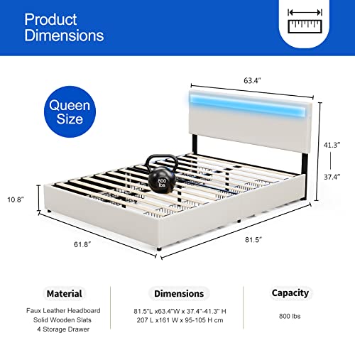 IKIFLY LED Bed Frame with 4 Storage Drawers, Upholstered Queen Size Storage Bed with Adjustable Headboard & LED Lights, Mattress Foundation, No Box Spring Needed, Easy Assembly - White/Queen