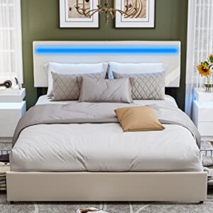 IKIFLY LED Bed Frame with 4 Storage Drawers, Upholstered Queen Size Storage Bed with Adjustable Headboard & LED Lights, Mattress Foundation, No Box Spring Needed, Easy Assembly - White/Queen