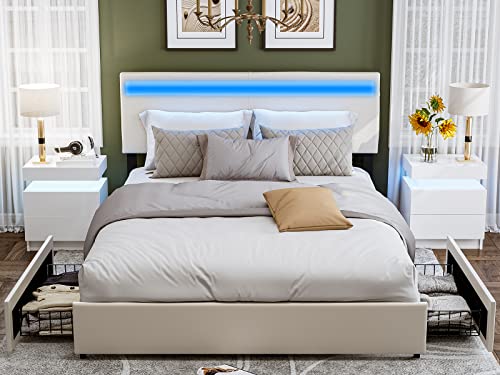 IKIFLY LED Bed Frame with 4 Storage Drawers, Upholstered Queen Size Storage Bed with Adjustable Headboard & LED Lights, Mattress Foundation, No Box Spring Needed, Easy Assembly - White/Queen