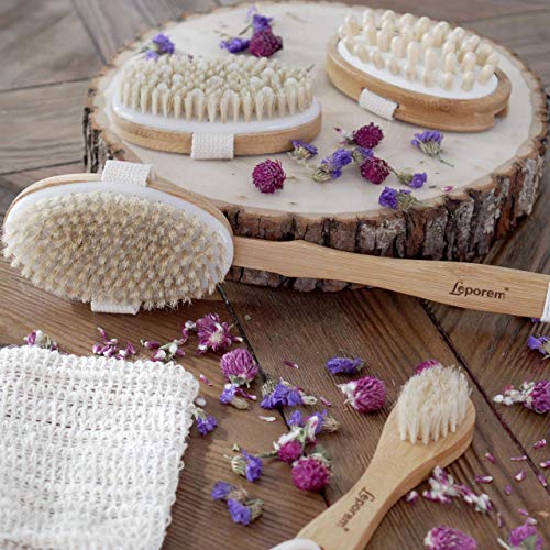 Body Brush - 5 in 1 Wet or Dry Brush, Back Brush, Shower & Bath Brush Scrubber with Non-Slip Long handle, Exfoliating Face Brush Massager, Sisal Bag, Cellulite Massager, Natural Bristle, Gift Set