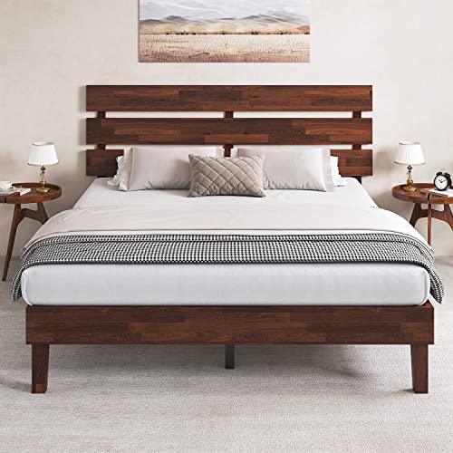 Crisinant Wood Bed Frame with Headboard/Solid Wooden Platform Bed/Sturdy Wood Foundation/No Box Spring Needed/No Noise / 14 Inch, King