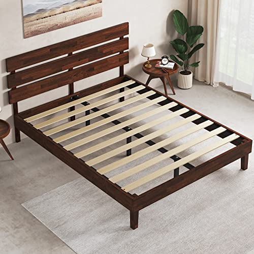 Crisinant Wood Bed Frame with Headboard/Solid Wooden Platform Bed/Sturdy Wood Foundation/No Box Spring Needed/No Noise / 14 Inch, King