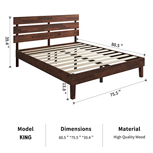 Crisinant Wood Bed Frame with Headboard/Solid Wooden Platform Bed/Sturdy Wood Foundation/No Box Spring Needed/No Noise / 14 Inch, King