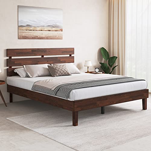 Crisinant Wood Bed Frame with Headboard/Solid Wooden Platform Bed/Sturdy Wood Foundation/No Box Spring Needed/No Noise / 14 Inch, King