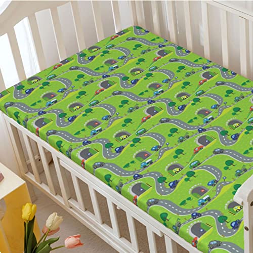 Car Race Track Themed Fitted Crib Sheet,Standard Crib Mattress Fitted Sheet Ultra Soft Material-Baby Sheet for Boys Girls, 28“ x52“,Multicolor