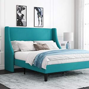 Allewie Full Size Bed Frame, Platform Bed Frame with Upholstered Headboard, Modern Deluxe Wingback, Wood Slat Support, Mattress Foundation, Peacock Green