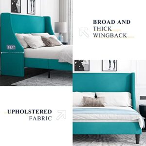 Allewie Full Size Bed Frame, Platform Bed Frame with Upholstered Headboard, Modern Deluxe Wingback, Wood Slat Support, Mattress Foundation, Peacock Green