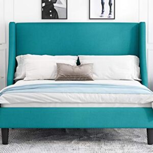 Allewie Full Size Bed Frame, Platform Bed Frame with Upholstered Headboard, Modern Deluxe Wingback, Wood Slat Support, Mattress Foundation, Peacock Green