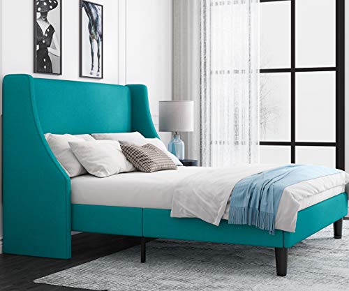 Allewie Full Size Bed Frame, Platform Bed Frame with Upholstered Headboard, Modern Deluxe Wingback, Wood Slat Support, Mattress Foundation, Peacock Green