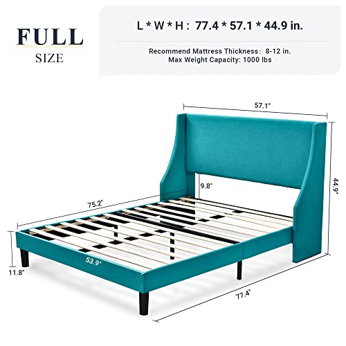 Allewie Full Size Bed Frame, Platform Bed Frame with Upholstered Headboard, Modern Deluxe Wingback, Wood Slat Support, Mattress Foundation, Peacock Green