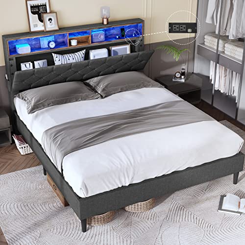 Tiptiper LED Bed Frame Queen Size with Outlets and USB Ports, Queen Bed Frame with Headboard Storage, Button Tufted Platform Bed with LED Lights, No Box Spring Needed, Easy Assembly, Dark Grey