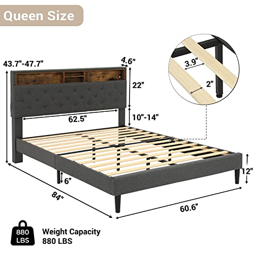 Tiptiper LED Bed Frame Queen Size with Outlets and USB Ports, Queen Bed Frame with Headboard Storage, Button Tufted Platform Bed with LED Lights, No Box Spring Needed, Easy Assembly, Dark Grey