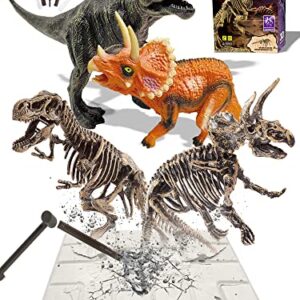 Dinosaur Fossil Dig Kit, Dino Excavation Kits for Kids, Educational Science Kits, Dinosaur Toys for Kids, Dig up 2 3D Skeleton Puzzles and 2 Dinosaur Figures Including T-Rex, Triceratops