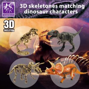 Dinosaur Fossil Dig Kit, Dino Excavation Kits for Kids, Educational Science Kits, Dinosaur Toys for Kids, Dig up 2 3D Skeleton Puzzles and 2 Dinosaur Figures Including T-Rex, Triceratops