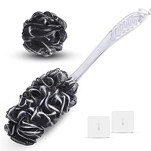 Loofah-Charcoal Back-Scrubber-Bath Sponges-Long Handled Shower Sponge-Loofah On a Stick- 1 Long Handle Back Brush, 1 Large Soft Mesh Poufs and 2 Hook for Men and Women