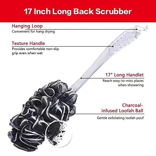 Loofah-Charcoal Back-Scrubber-Bath Sponges-Long Handled Shower Sponge-Loofah On a Stick- 1 Long Handle Back Brush, 1 Large Soft Mesh Poufs and 2 Hook for Men and Women