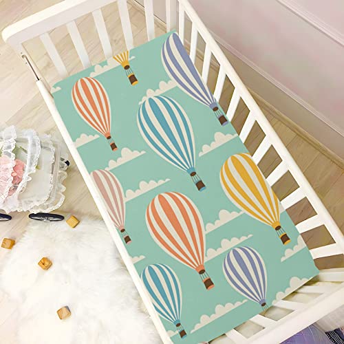 WELLDAY Hot Air Balloon Clouds Crib Sheets for Boys and Girls, Fitted Baby Crib Sheets Soft and Breathable Mini Crib Sheets 52 X 28 X 9 Inches