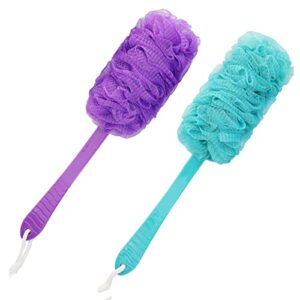 back scrubber brush long handle for shower, loofah on a stick sponge back brush, body exfoliator scrubber bath brush for men women, exfoliating cleaning back scrubber for elderly (2 pack-green+purple)