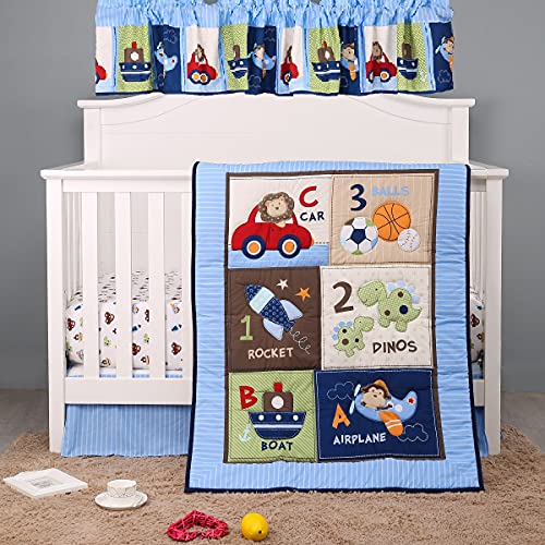 4 PCs Blue Car Steamship Nursery Crib Bedding Set Sky Blue Baby Boy Cot Bedding Set Quilt , Fitted Sheet , Skirt , Window Valance