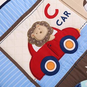 4 PCs Blue Car Steamship Nursery Crib Bedding Set Sky Blue Baby Boy Cot Bedding Set Quilt , Fitted Sheet , Skirt , Window Valance