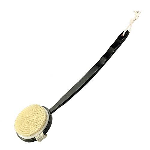 OWIIZI Black Bath Brush Wooden Curved Long Handle Body Brush for Exfoliating, Large Surface Natural Soft Bristle Shower Scrubber for Back Use Wet or Dry