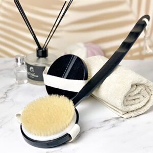 OWIIZI Black Bath Brush Wooden Curved Long Handle Body Brush for Exfoliating, Large Surface Natural Soft Bristle Shower Scrubber for Back Use Wet or Dry