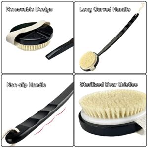 OWIIZI Black Bath Brush Wooden Curved Long Handle Body Brush for Exfoliating, Large Surface Natural Soft Bristle Shower Scrubber for Back Use Wet or Dry