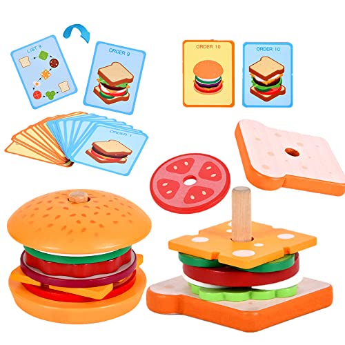 eamve Montessori Toys for Toddlers,Wooden Burger Sandwich Sorting & Stacking Toys for Toddlers and Kids Preschool,Burger Sandwitch Wooden Preschool Educational Toys for Gift 3,4,5 Years Old(2 Sets)