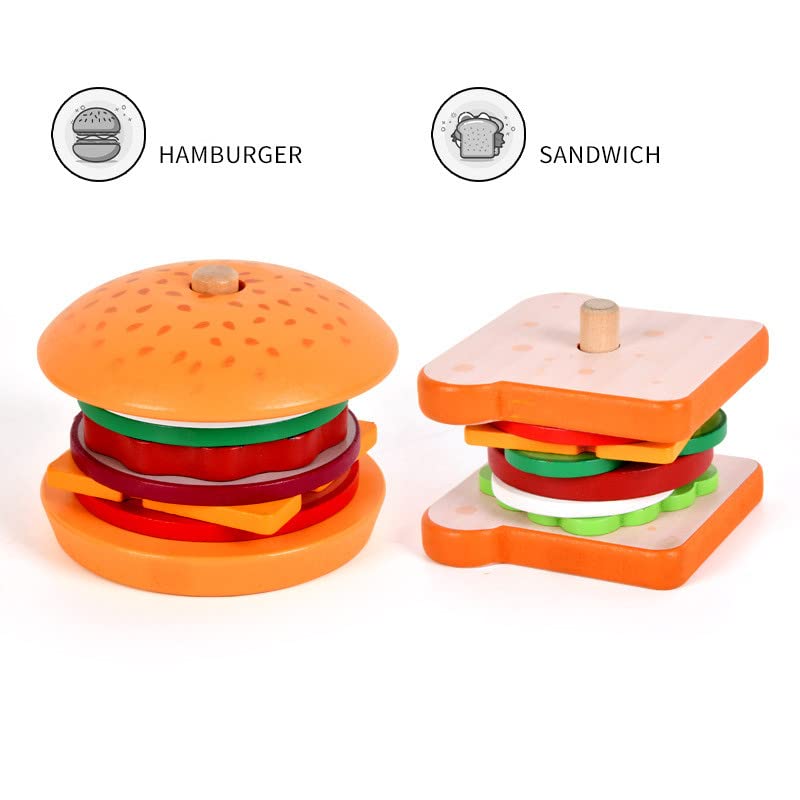 eamve Montessori Toys for Toddlers,Wooden Burger Sandwich Sorting & Stacking Toys for Toddlers and Kids Preschool,Burger Sandwitch Wooden Preschool Educational Toys for Gift 3,4,5 Years Old(2 Sets)