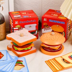 eamve Montessori Toys for Toddlers,Wooden Burger Sandwich Sorting & Stacking Toys for Toddlers and Kids Preschool,Burger Sandwitch Wooden Preschool Educational Toys for Gift 3,4,5 Years Old(2 Sets)