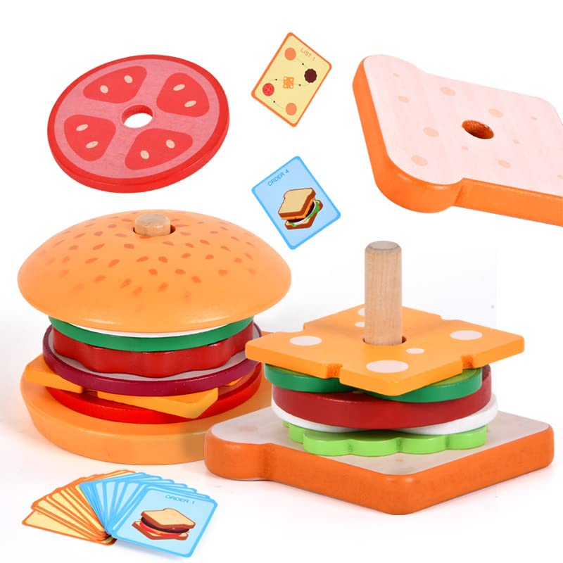 eamve Montessori Toys for Toddlers,Wooden Burger Sandwich Sorting & Stacking Toys for Toddlers and Kids Preschool,Burger Sandwitch Wooden Preschool Educational Toys for Gift 3,4,5 Years Old(2 Sets)