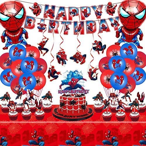 53 Pcs Spidey-men Birthday Decorations Party Supplies Include Happy Birthday Banners, Tablecloths, Cake Toppers ,Cupcake Toppers, Balloons, Hanging Swirls Superhero Birthday Party Supplies