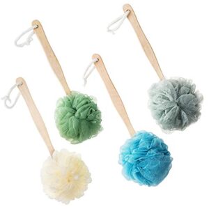 4 pack large bath puff loofah sponge with long handle shower loofah, bath body back brush, spa brush for women and men(4 color)